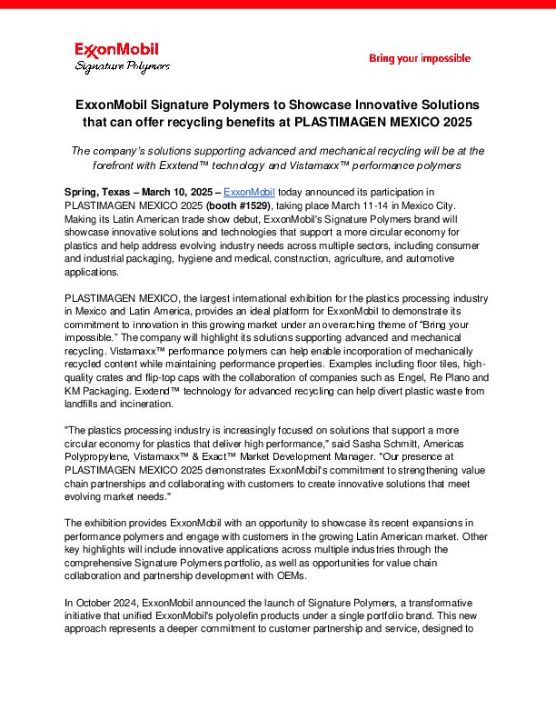 ExxonMobil Signature Polymers to Showcase Innovative Solutions that can ...